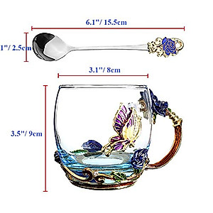 Tea Cup Glass Coffee Mugs Enamel Rose Flower Butterfly Drinking Cups with Spoon Set Unique Gifts for Birthday Wedding Christmas Blue Rose Mug 12oz