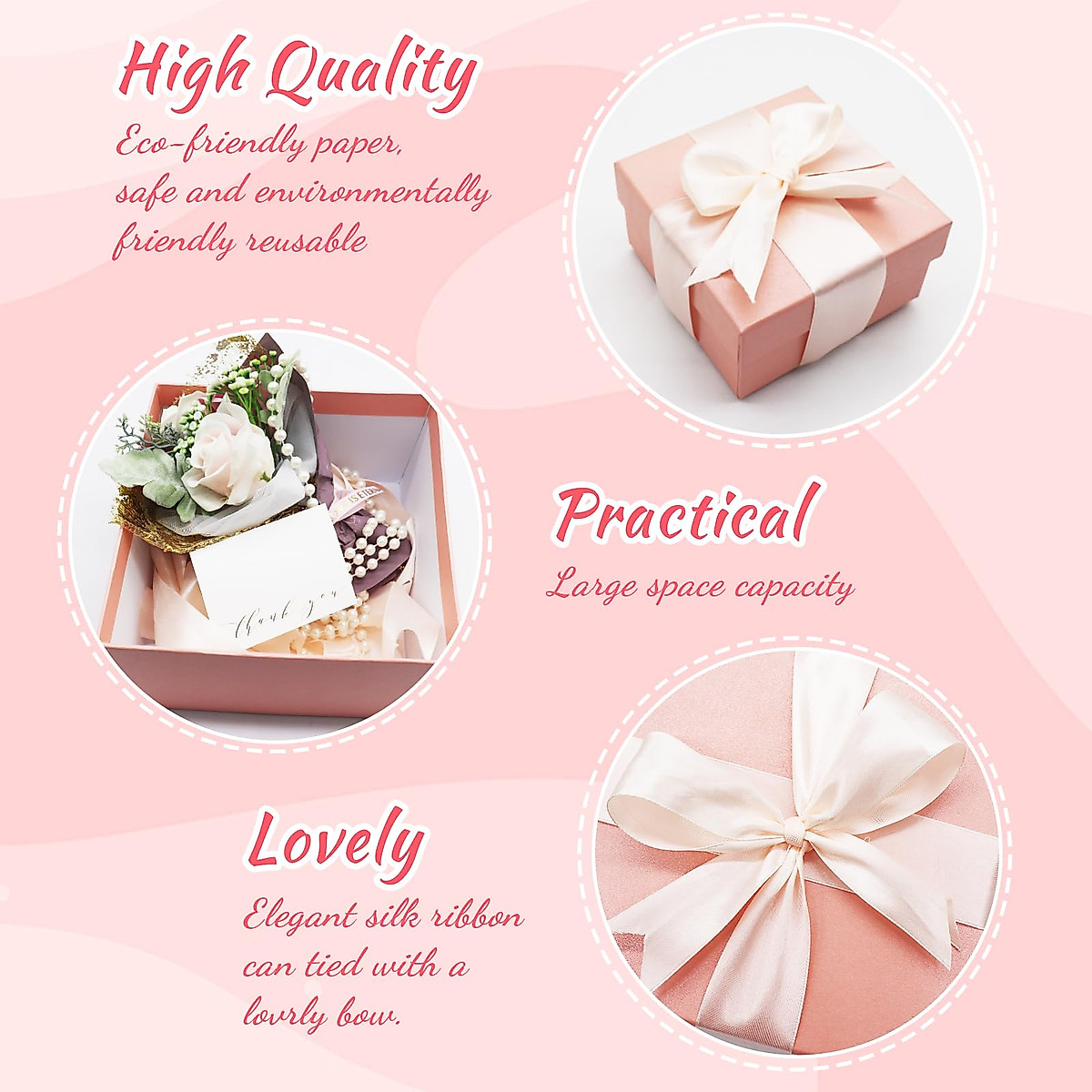 GLGHMH 6 Pack Square Nesting Gift Boxes With Lids,Bridesmaid Proposal Box with Ribbon Thank You Card，For International Woman's Day Wedding Anniversaries Birthdays Baby Shower Thanksgiving (PINK)