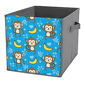 Monkeys and Bananas Canvas Collapsible Storage Bins Cube Organizer Baskets with Handles for Home Office Car