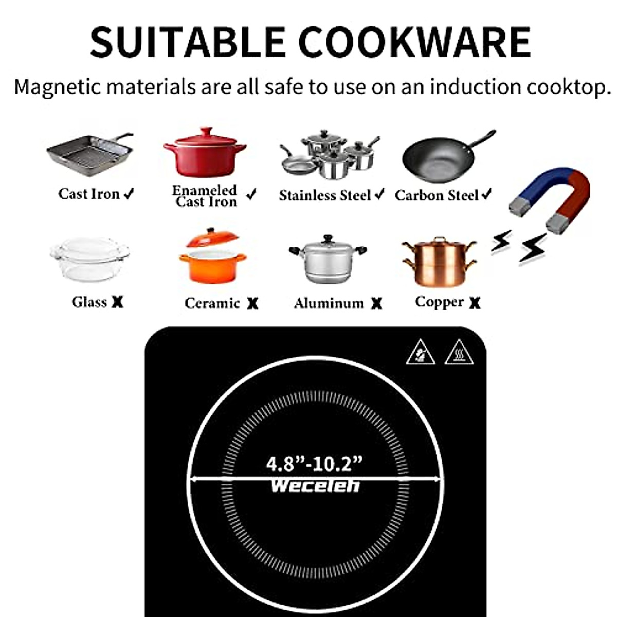 Weceleh Portable Single Induction Cooktop Hot Plate Countertop Burner Cooker 1 Burner, 1800W, 9 Power Levels, 10 Temp Levels, Timer, Auto-Shut-Off, Touch Panel, LED Display, Child Safety Lock, Black