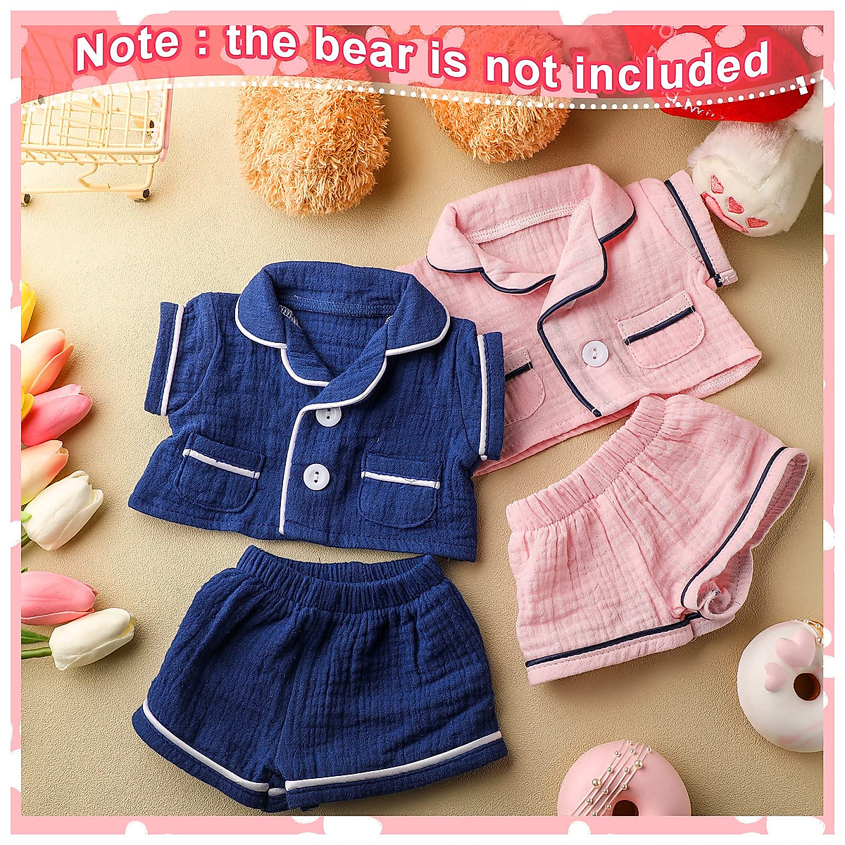 2 Sets Bear Clothes Stuffed Animal Clothes Bear Accessories Pink and Blue Bear Pajamas Clothes Double Layer Muslin Short Sleeve Top and Bottom Pajamas Fits Most 14-18 Inch Bears