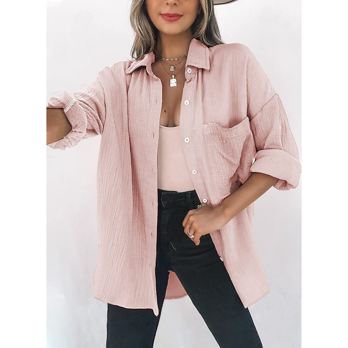 Dokotoo Womens Fashion V Neck Collared Long Sleeve Button Down Shirts Solid Color Cute Basic Pockets Fashion Comfy Loose Fit Boyfriend Fall Blouses Tops for Ladies Pink S