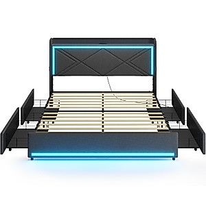 HAUOMS Queen Bed Frame with Stoarge Drawers and LED Lights, Upholstered Platform Bed with Type-C & USB Charging Station, LED Bed Frame Queen with Storage Headboard, No Box Spring Needed, Dark Grey