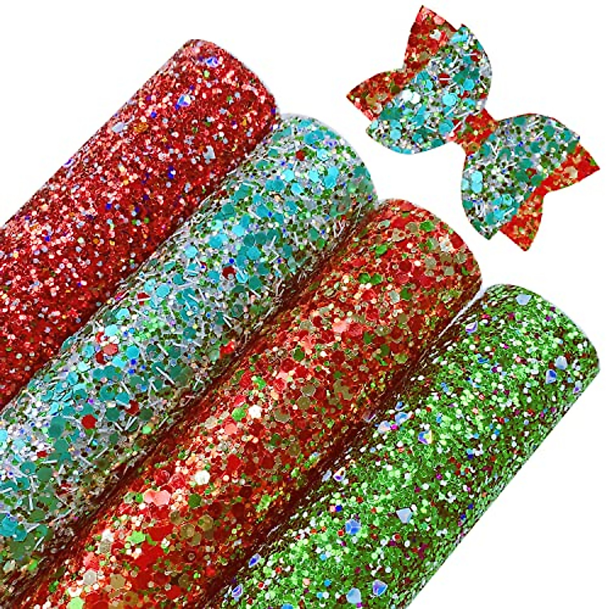 Greatdiy Sparkly Christmas Faux Leather Sheets 8x12 inch Shiny Mixed Red and Green Tinsel Chunky Glitter Fabric for Bows Crafts (Red-Green)