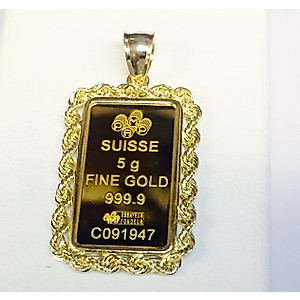 TEX 14k Yellow Gold Bullion Rope Pendant, 5gr Ingot Coin, Approx 1.2g