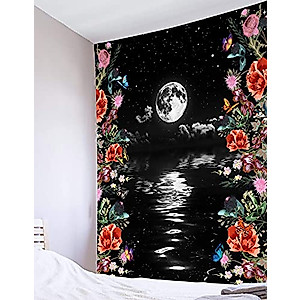 LB Full Moon Over Ocean Tapestry Wall Hanging, Moonlit Garden Tapestry, Night Sky Flower Plant on Black Background Wall Decor for Teen Bedroom Living Room Dorm Home Decor, 40 x 60 Inches