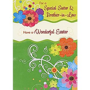 Designer Greetings Pink, Blue, Red Flowers on Green and Yellow : Shimmering Swirling White Vine Sister and Brother-in-Law Easter Card