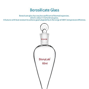 StonyLab PTFE Stopcock Separatory Funnel 60ml, Borosilicate Glass Heavy Wall Conical Pear-Shaped Separatory Funnel Separation Funnel with 24/29 Joint