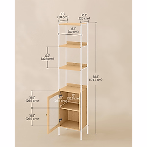 VASAGLE 6-Tier Bookcase, Slim Bookshelf with PC Door, Freestanding Storage Shelf with Metal Frame, Adjustable Shelf, for Living Room, Oak Beige and Pearl White ULLS123W57