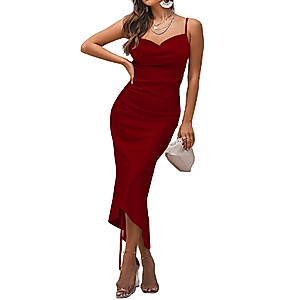 LYANER Women's Satin Spaghetti Straps Sexy Ruch Cowl Neck Cocktail Midi Dresses Wine Red Small
