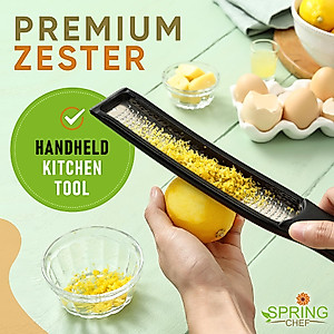 Spring Chef Premium Lemon Zester Grater with Handle - Fruits, Garlic, Chocolate, Nutmeg, Ginger Grater - Heavy Duty Kitchen Tool - Stainless Steel Citrus Zester with Blade Cover - Fine Shred, Black