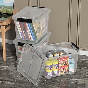 Zopnny 30 Quart Plastic Stacker Box, Large Storage Bin Container with Latching Lids and Wheels for Home and Garage Organizing, Shoes, Tools, Clear Base, 4-Pack