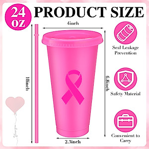Yiyiring 12 Pcs Breast Cancer Awareness Plastic Tumblers with Lids and Straws Breast Cancer Awareness Cups Breast Cancer Water Bottle Bulk 24 oz Inspirational Ribbon Breast Cancer Cup Gift for Women