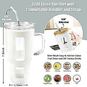 32 oz Glass Tumbler with Bamboo Mug 2 Straws & 2 Lids, Reusable Glass Water Bottles with Handle, Iced Coffee Cup with Silicone Sleeve, Boba and Drinking Straw Fits in Car Cup Holder BPA Free,White