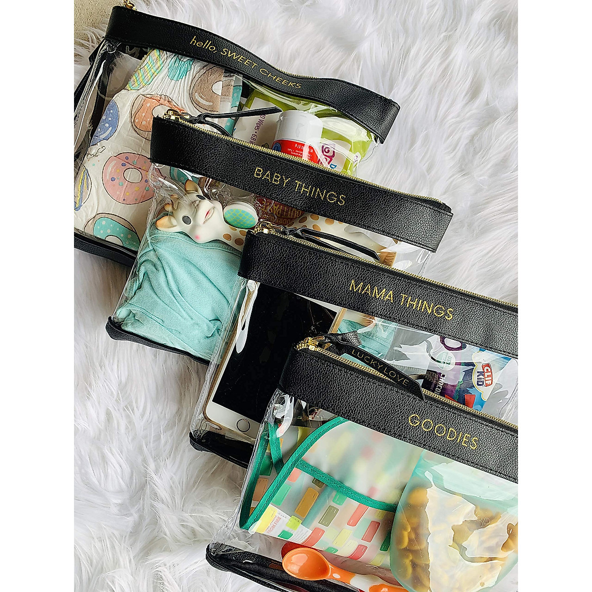 Lucky Love Diaper Bag Organizing Pouches | Set of 4 Including Diaper Clutch | Dry Wet Bag (Black & Clear)