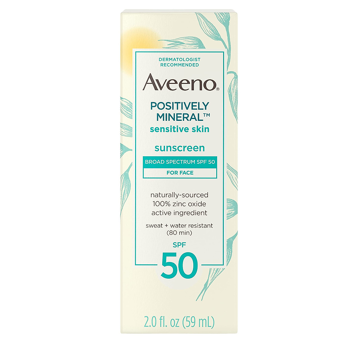 Aveeno Positively Mineral Sensitive Skin Daily Sunscreen Lotion for Face, Broad Spectrum SPF 50 with 100% Zinc Oxide, Lightweight & Non-Comedogenic Facial Sunscreen, Travel-Size, 2 fl. oz