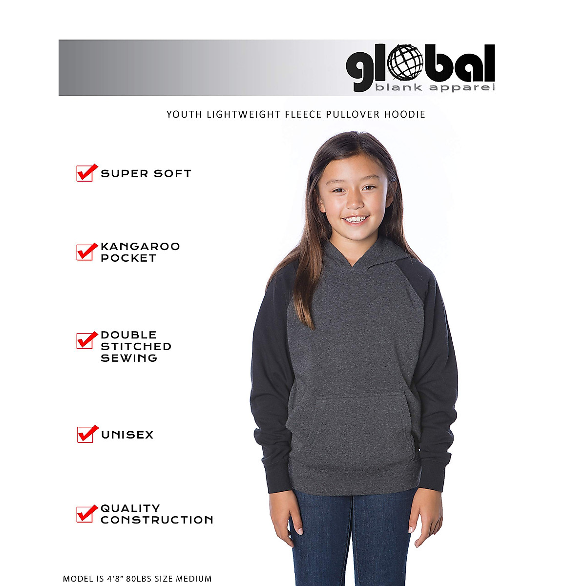 Global Blank Youth and Toddler Hoodies Super Soft Lightweight Pullover Sweatshirt Kids Hoodie for Boys and Girls,Grey,Medium