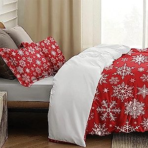 Duvet Cover Queen Size, Christmas Snowflakes Red Merry Bedding Set with Zipper Closure for Kids and Adults, Winter Xmas Crystal Comforter Cover with 2 Pillow Shams for Bedroom Bed Decor