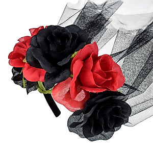 Funsveta Halloween Rose Flower Headband Day of The Dead Flower Headpiece with Black Veil Costume Cosplay (Black and Red)