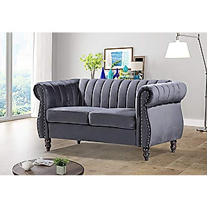 Container Furniture Direct Quinones Modern Chesterfield Couch with Elegant Rolled Arms, Nailhead Trim & Channel Tufting, 59.1" Wide Loveseat, Silverish Grey