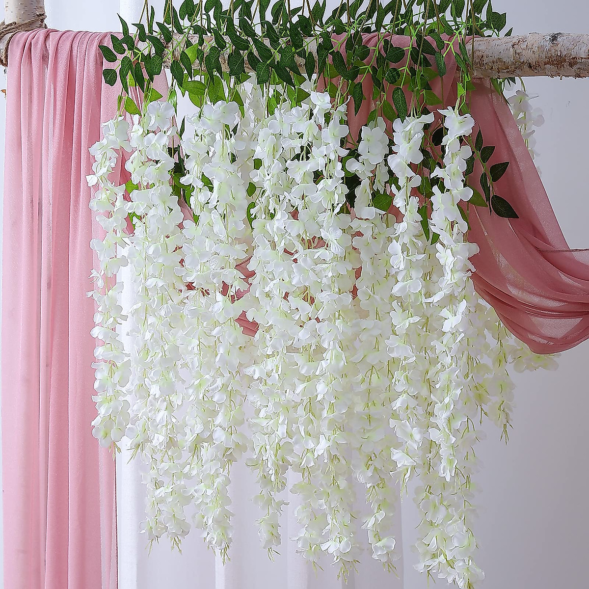 Duovlo 12 Piece Artificial Silk Wisteria Vine 3.6 Feet Ratta Hanging Flower Garland String Home Party Wedding Decor (White)