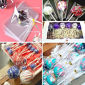 300 PCS Cake Pop Sticks and Wrappers Kit, Including 100ct 6-inch Paper Lollipop Sticks, 100ct Clear Candy Treat Bags Parcel, 100ct Gold Twist Ties for Cakepop, Lollipop, Hard Candy, Suckers, Chocolate