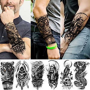 Rejaski 66 Sheets Black Eagle Dragon Temporary Tattoos For Men Women Thigh, Scary Halloween Tiger Lion Devil Skull Fake Tattoos For Adults, 3D Wolf Large Half Arm Sleeve Realistic Tatoo Forearm Teens