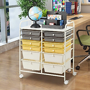 Moccha 12 Drawer Rolling Storage Cart, Utility Cart with Wheels, Tools Scrapbook Paper Organizer, 2 Sizes of Drawers, Multipurpose Lightweight Cart for School, Office, Home, Beauty Salon (Yellow)