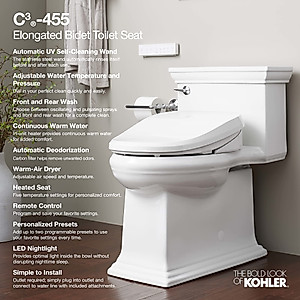 KOHLER 8298-CR-0 C3-455 Elongated Bidet Toilet Seat, Heated Bidet, Bidets for Existing Toilets with Remote Control, White