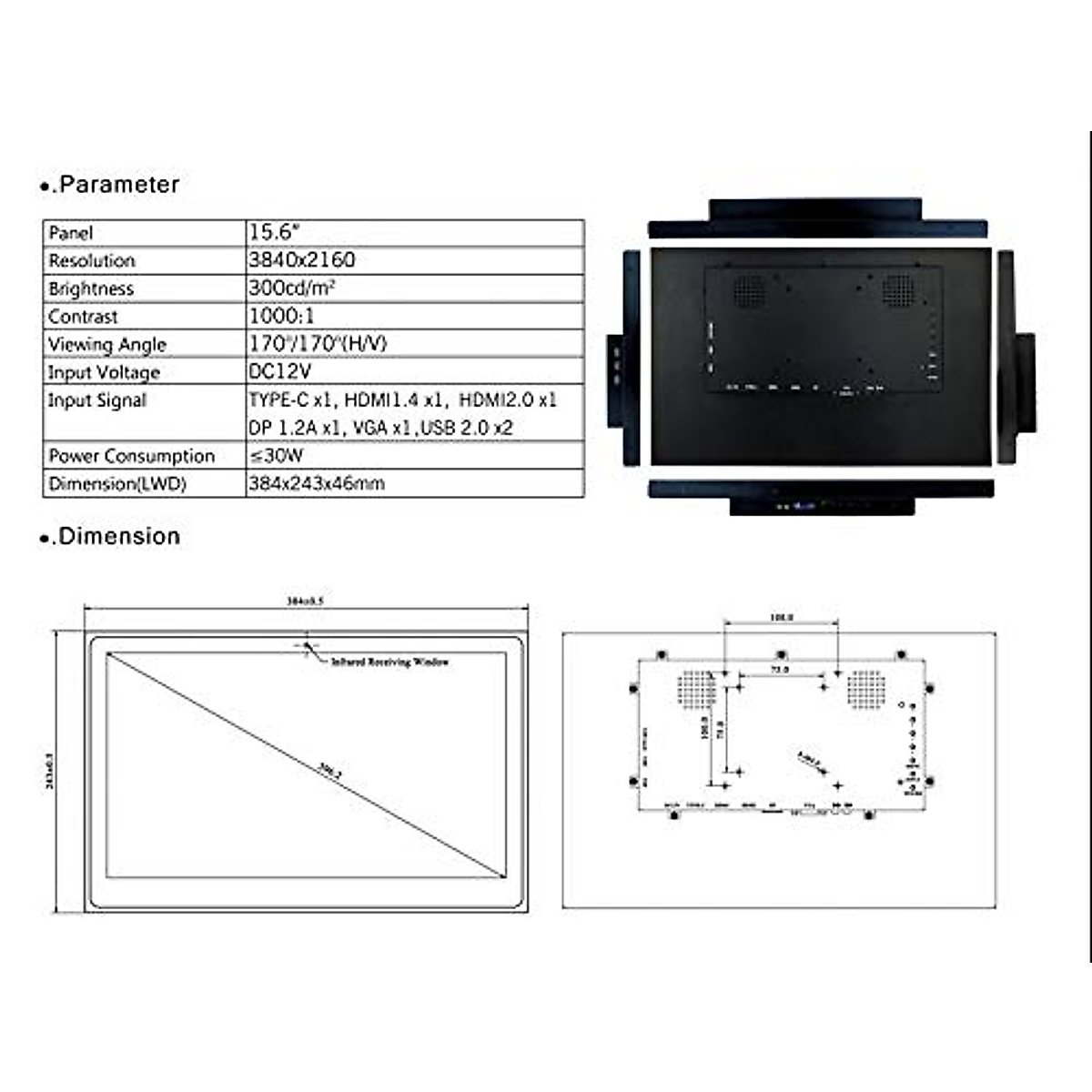 YILETEC YL-156MC4K 15.6" UHD 3840X2160 Metal Frame Capacitive Touchscreen IPS Built in Speakers USB Type-C HDMI 2.0,HDMI 1.4X1 DP1.2AX1,VGAX1,USB 2.0X3