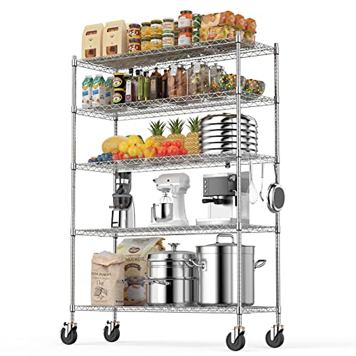 Luxspire Wire Shelving with Wheels,3000LB Heavy Duty Commercial-Grade Adjustable Storage Shelves, NSF-Certified Metal Shelving Utility Rack, Kitchen Garage Basement Shelf,5-Tier 48x18x72 in, Chrome