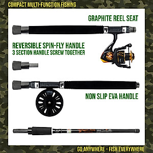 Rigged and Ready X5 Travel Fishing Combination.Super Compact,Carry Size 40cm(15.8’),Multi-Functional Rod+4 Tips,1 Spin Reel +1 Fly Reel + case. 1 Rod 5 Fishing Options.2.22m(7’ 3”)+1.9m (6'3") Length