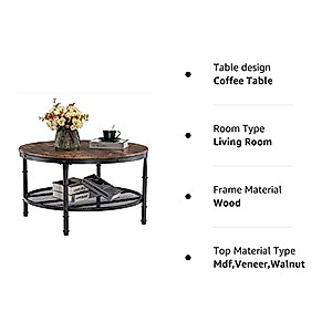 VINGLI Round Coffee Tables Living Room, 31.5" Round Coffee Table with Storage Round Wooden Coffee Table Round Farmhouse Coffee Table, Industrial Coffee Table Rustic Round Coffee Table with Metal Shelf