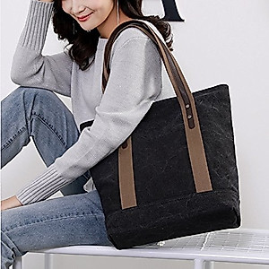 Canvas Tote Bag for Women Casual Top Handle Work Totes Purse Shopping Handbags Shoulder Bag (Black)