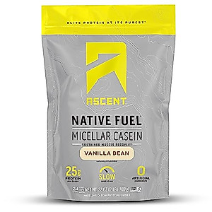 Ascent Casein Protein Powder - 25g Micellar Casein Powder with Zero Artificial Flavors & Sweeteners, Gluten-Free, No Added Sugar, 4.9g BCAA, 2.2g Leucine - Vanilla Bean, 2 Pounds