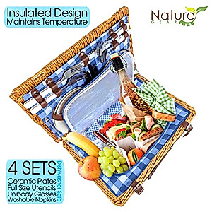 Nature Gear Upgraded 4 Person XL Picnic Basket (4 Person + Blanket, Blue & White)