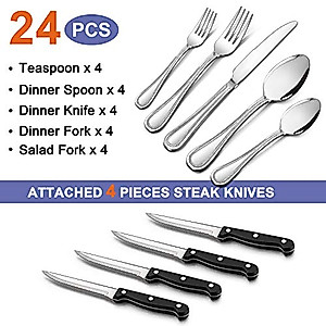 LIANYU 24-Piece Silverware Set with Steak Knives for 4, Stainless Steel Flatware Cutlery Set for Kitchen Restaurant Hotel, Fancy Eating Utensils Tableware with Beaded Edge, Dishwasher Safe