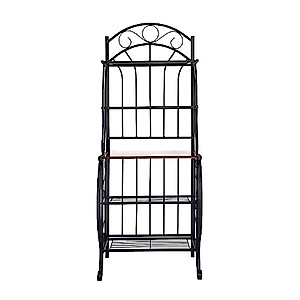 65 Inch 5 Tier Bakers Rack, Middle Wood Shelf, Carved Black Metal Frame