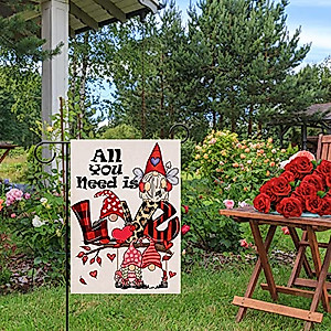 Furiaz All You Need is Love Gnomes Couple Valentine's Day Garden Flag, Buffalo Plaid Check Leopard Hearts Yard Anniversary Outdoor Decoration, Wedding Engagement Outside Small Decor Double Sided 12x18