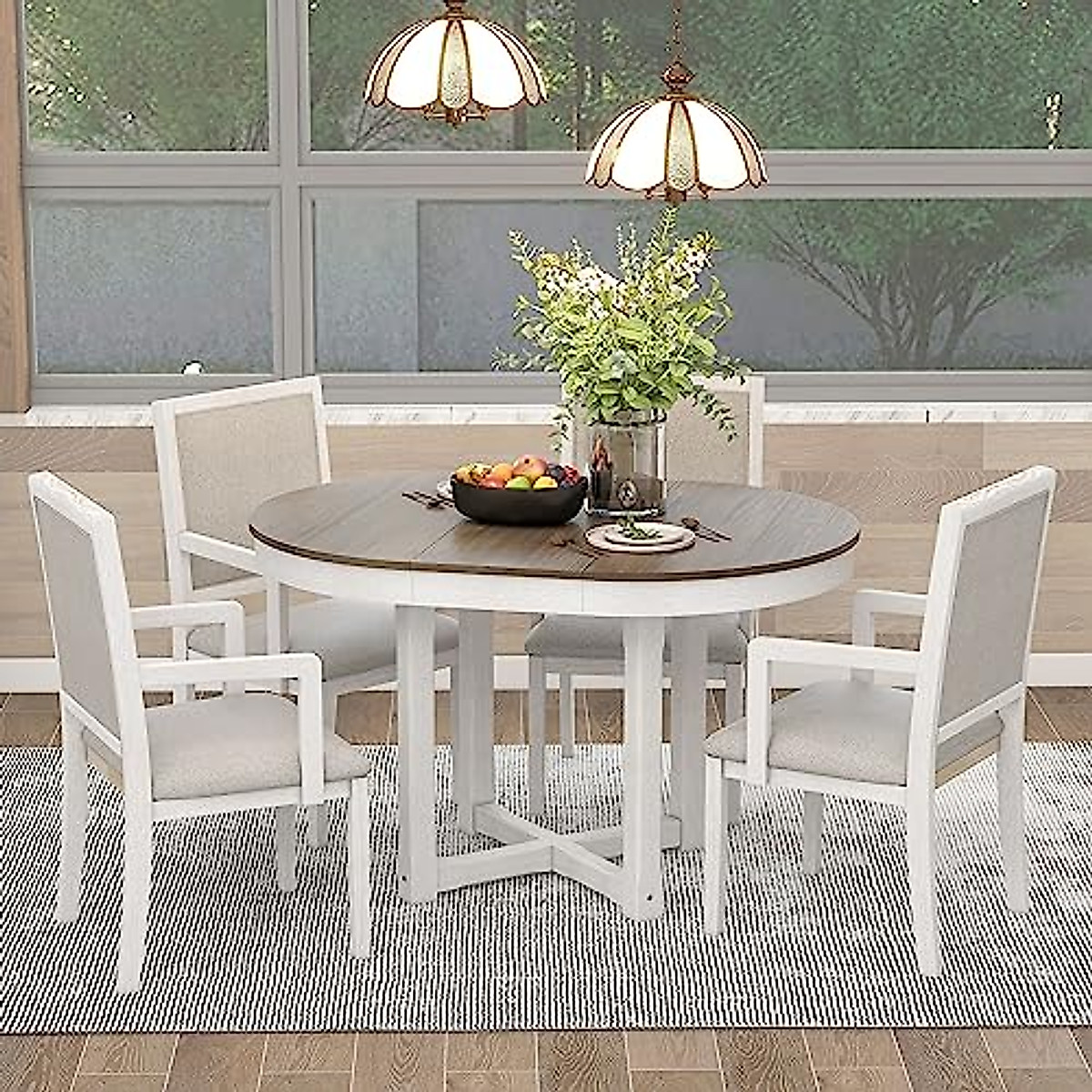 WOZNLA Room 5-Piece Set-Round to Oval Extendable Butterfly Leaf Wood Table with 4 Upholstered Dining Chairs with Armrests for Kitchen and Family, White