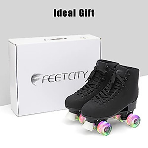 FEETCITY Womens Roller Skates High-Top Double-Row Leather Roller Skates for Girls Boys for Indoor Outdoor Size 8 Black