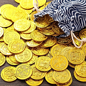 Chivao 300 Pcs Gold Coins Plastic Treasure Pirate Coins Toy Carnival St. Patrick's Day Party Favors Fake Toy Pirate Party Decoration Birthday Adventure Themed Supplies(Gold)