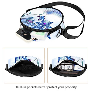 Crossbody Bags for Women, Floral Tropical Orchids Butterfly Round Crossbody Wallet, Fashion Circle Purse Clutch Handbag