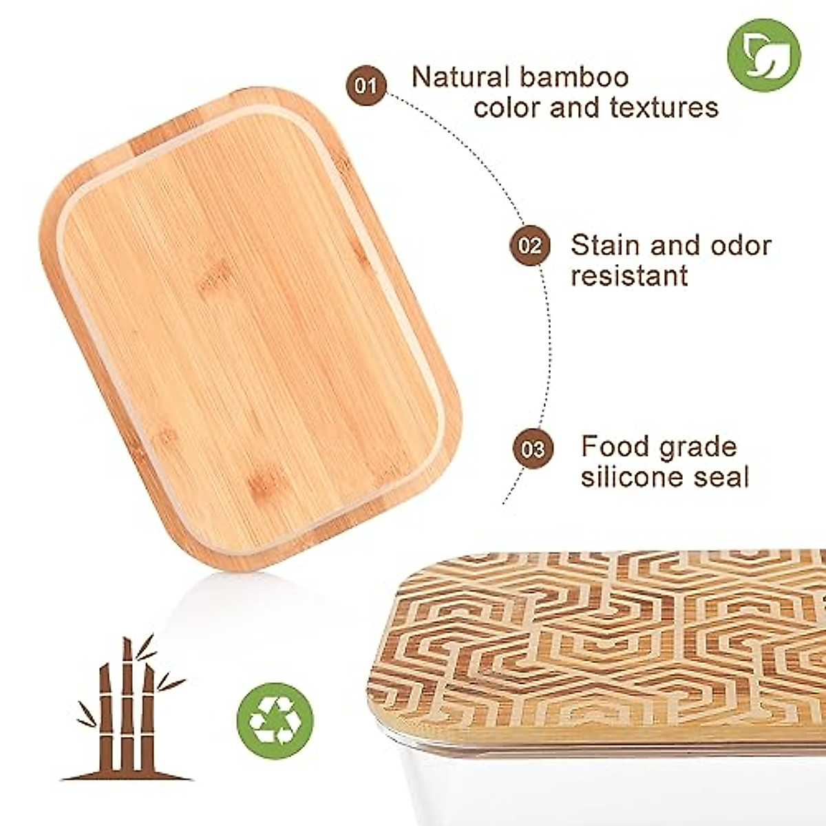 Delight King Glass Containers with Bamboo Lids, Set of 4 Glass Food Storage Containers with Wooden Lids, Non Toxic, Non Plastic, Fridge and Microwave Safe, Eco Friendly, Leaf Printed Wood Lid Design