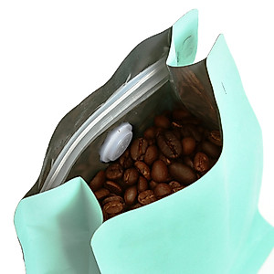50 Count 8 Ounce Green Blue Kraft Paper Coffee Bags with Air Release Valve, High Barrier Coffee Pouches for Home, Store, Flat Bottom (50pcs/8oz, 0.5lb, 250g)