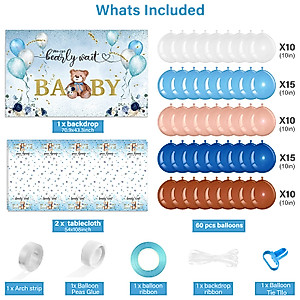 67 Pieces Bear Baby Shower Decorations Bearly Wait Bear Baby Shower Tablecloth Backdrop and Blue Brown Balloons Decorations for Kid Boy Girl Gender Reveal Birthday Party Supplies