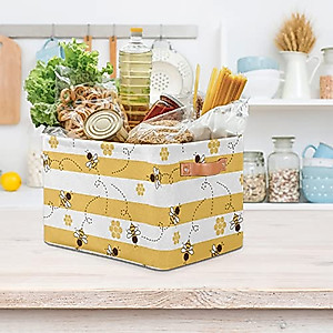 Storage Baskets with Handles, Bee Honeycomb Yellow White Stripe Storage Cube Rectangular Fabric Collapsible Toy Storage Bin Organizer for Closet Shelf Laundry Nursery Kids Bedroom, 15x11x9.5 In,1 Pack