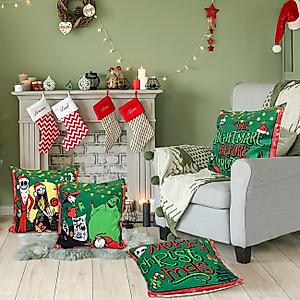 Generic Nightmare Before Christmas Pillow Covers, 4pcs Jack and Sally Holiday Winter Throw Pillow Covers 18x18 Merry Christmas Couch Sofa Christmas Decorations Holiday Pillow Cases, Green, ER123