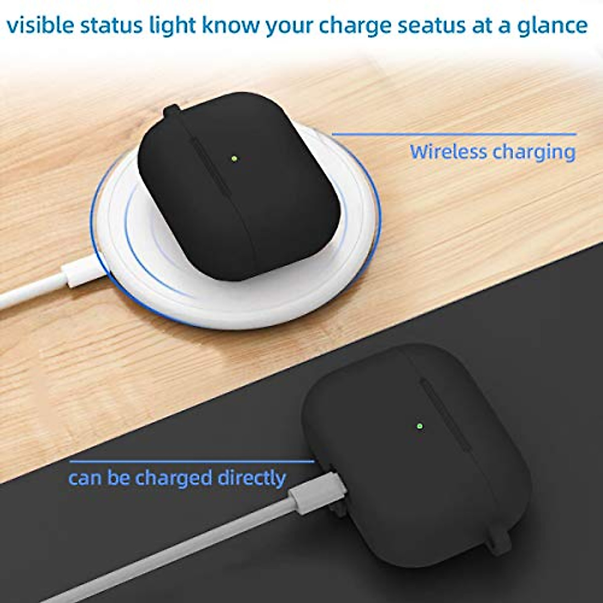 TOLUOHU AirPods Pro Case, Apple AirPods Pro Soft Silicone Accessories 8 in 1 Kit, Shockproof Protective AirPods Pro Charging case Cover with Keychain/Watch Band Holder/Strap/Ring/Carrying Box(Black)