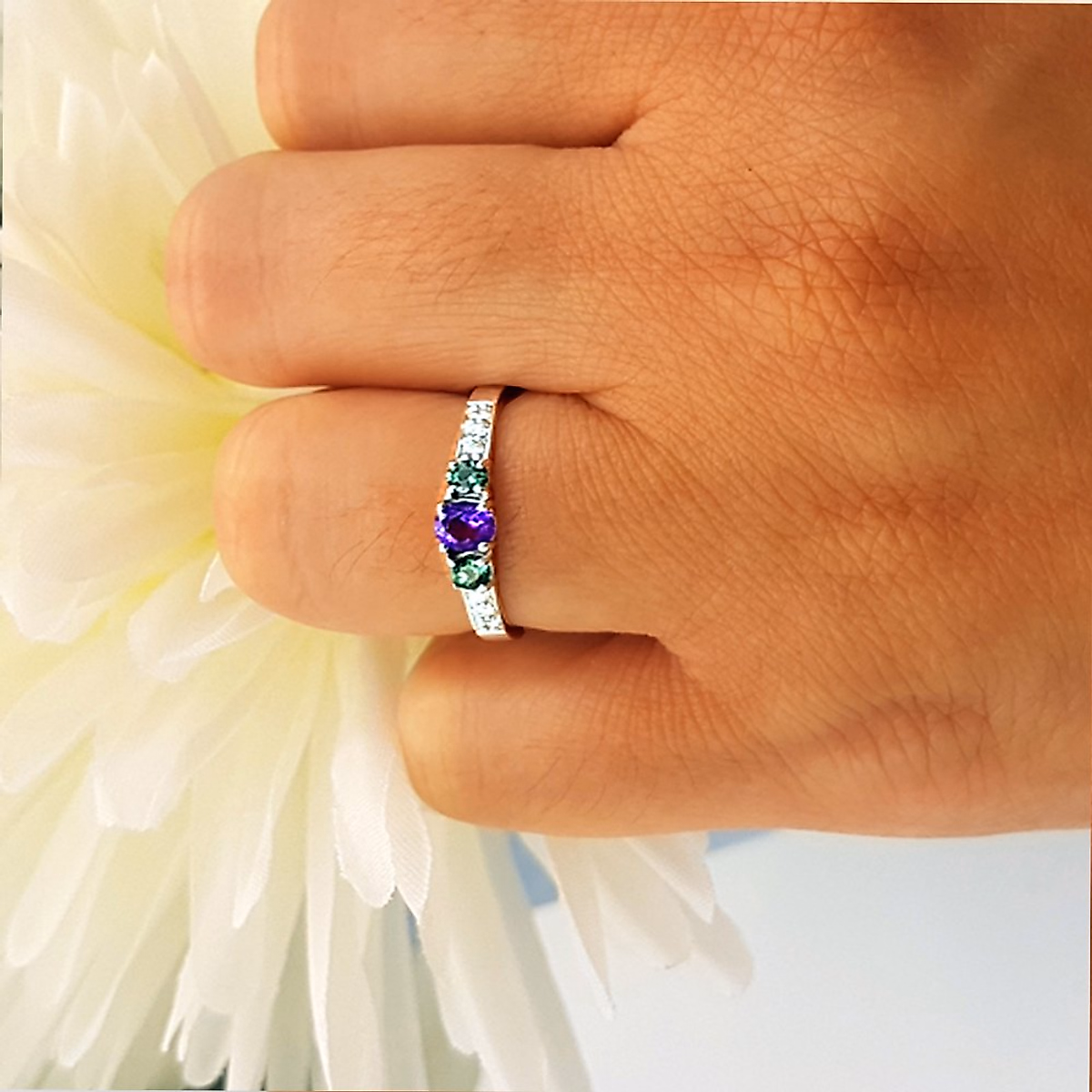 Dazzlingrock Collection Round Amethyst & Lab Created Alexandrite with White Diamond Three Stone Engagement Ring for Her in 14K Yellow Gold Size 7.5